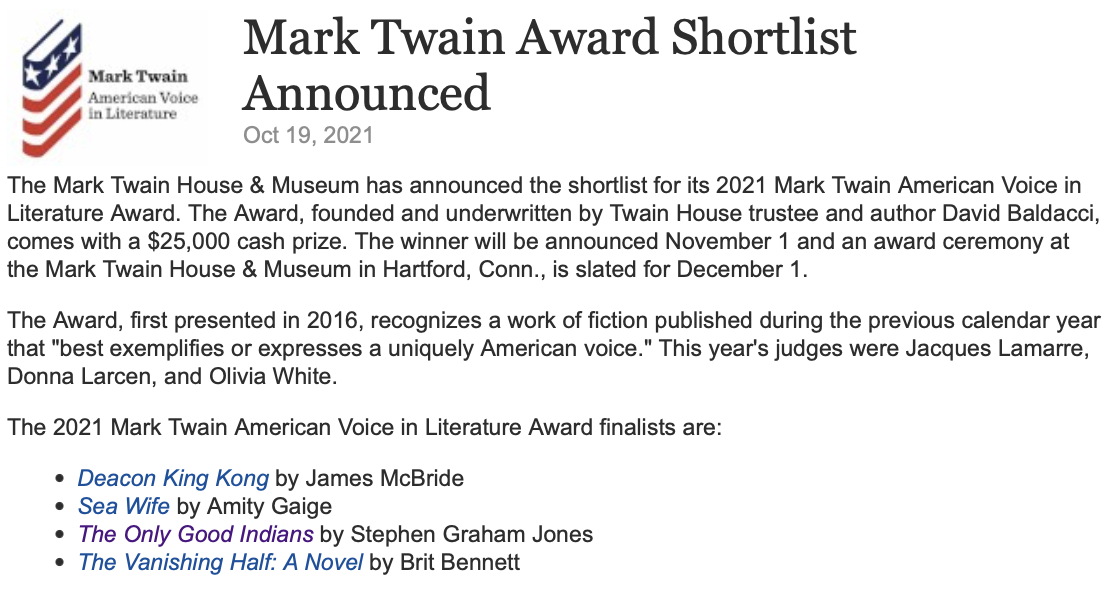 Mark Twain Award short list - Stephen Graham Jones